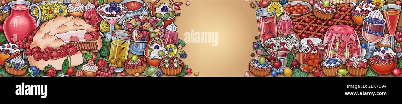 Sweets, berries, fruits, drink doodle illustration Stock Photo - Alamy