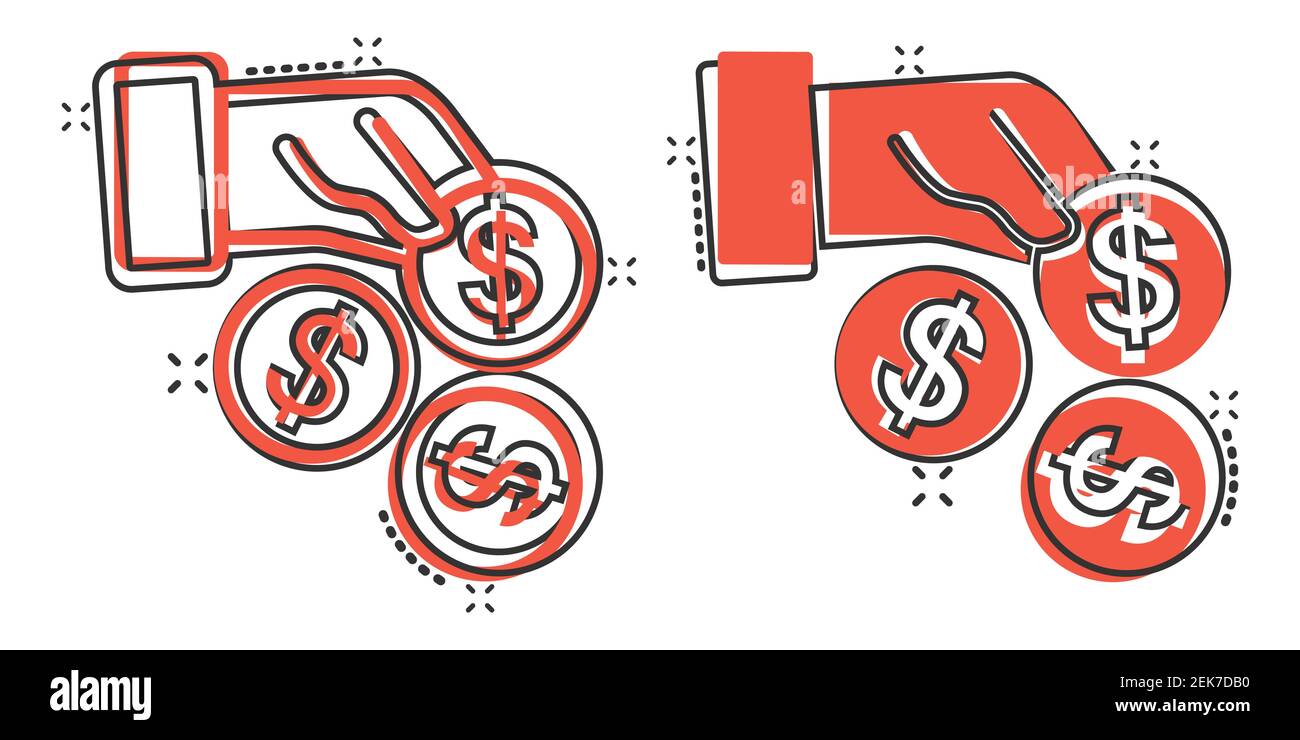 Remuneration icon in comic style. Money in hand cartoon vector ...