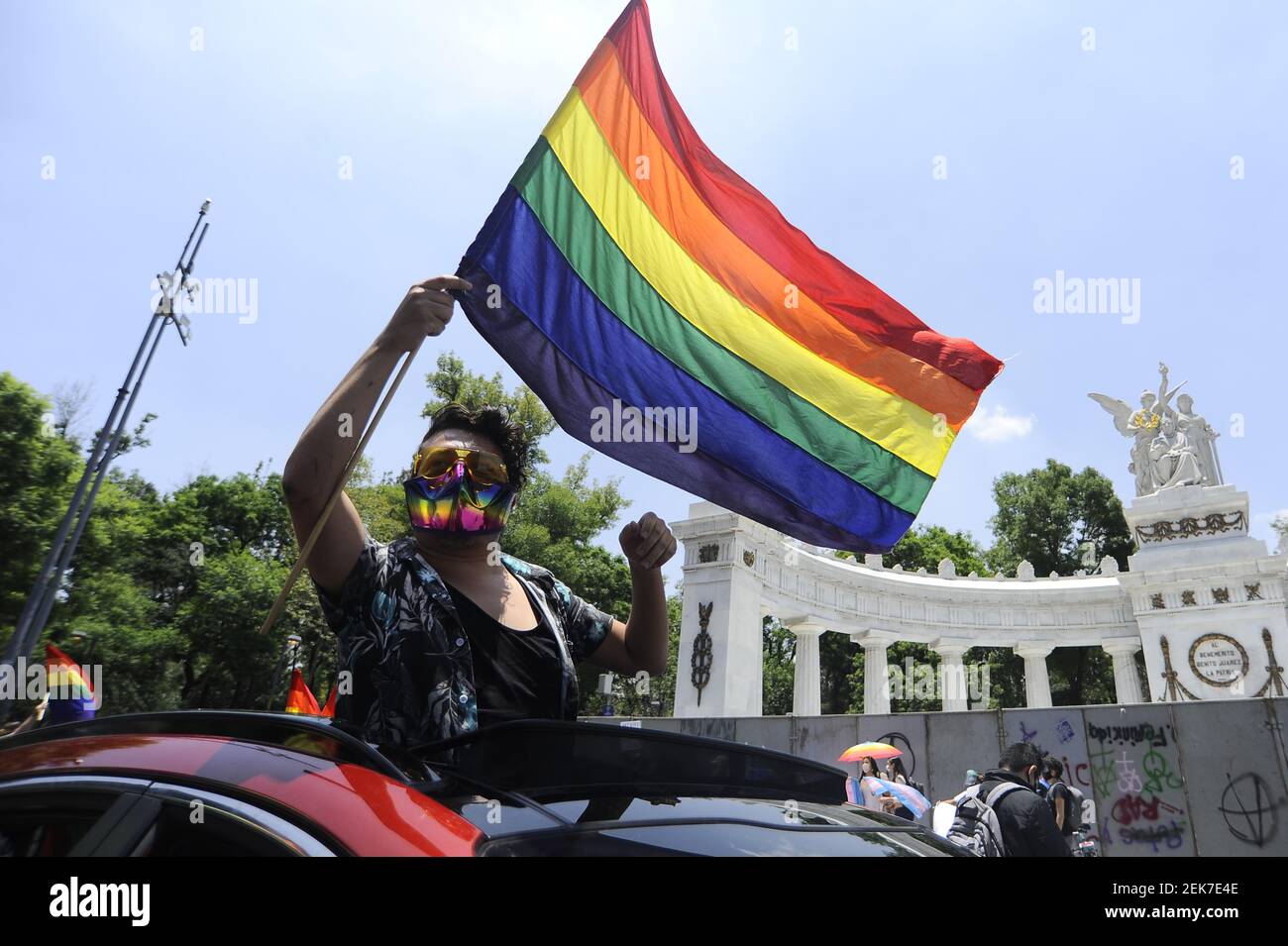 MEXICO CITY, MEXICO - JUNE 27: A member of LGBT holds a Rainbow flag ...