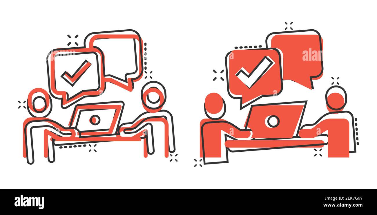 People with laptop computer icon in comic style. Pc user check mark ...