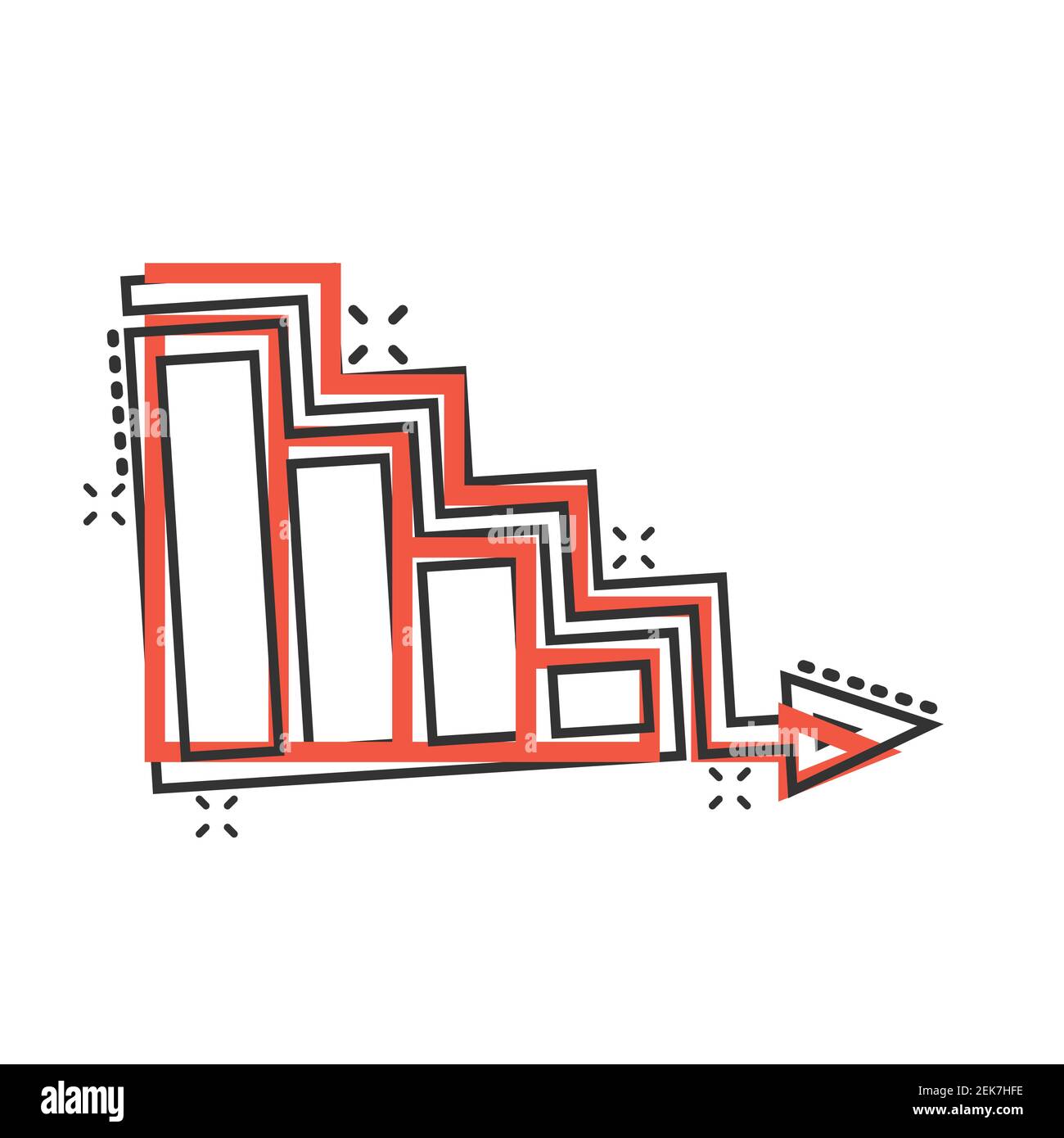 Market trend icon in comic style. Decline arrow with magnifier cartoon vector illustration on ...