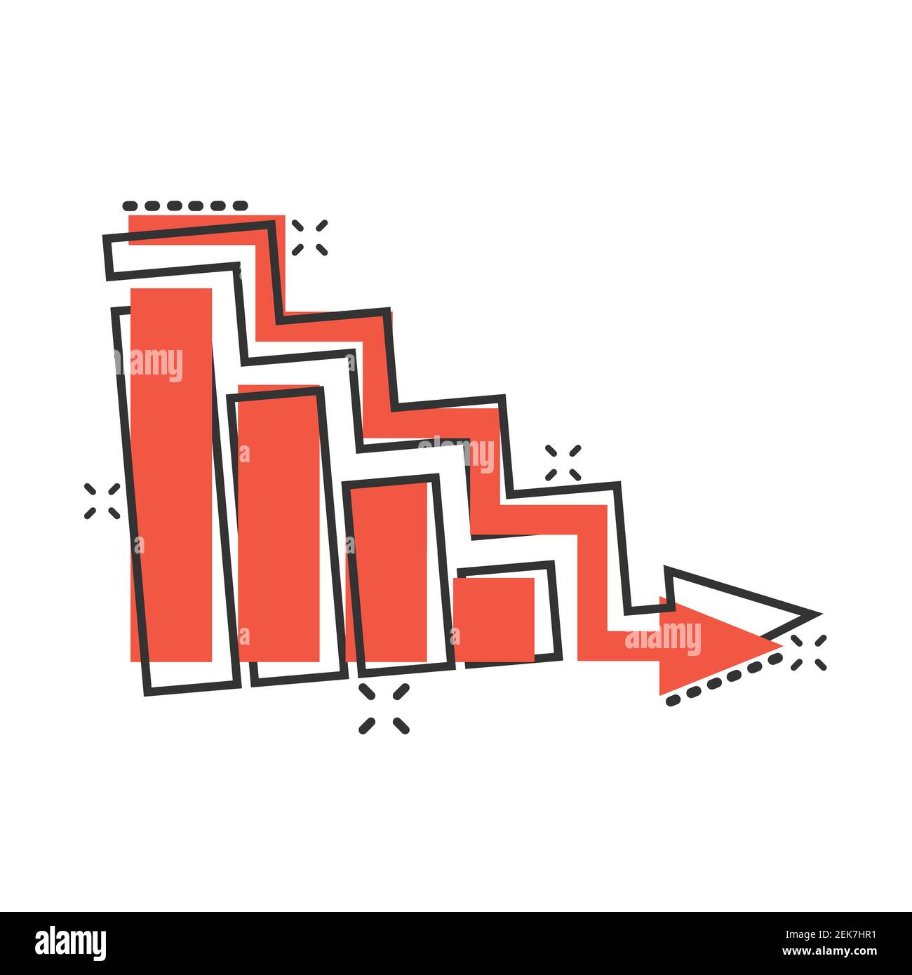 Market trend icon in comic style. Decline arrow with magnifier cartoon vector illustration on ...