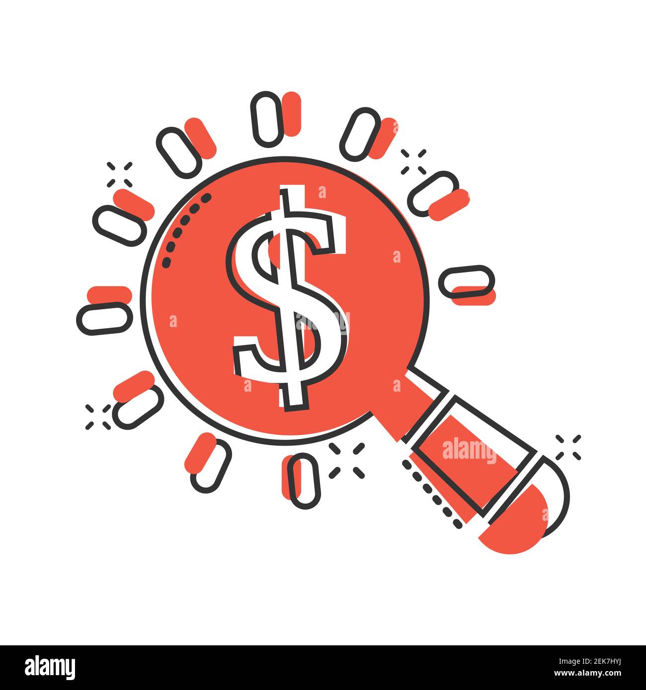 Magnifier glass with money icon in comic style. Dollar search cartoon ...