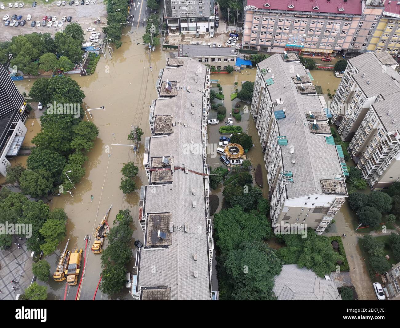 Aerial view of the ponding caused by heavy rain in Wuhan city, south ...