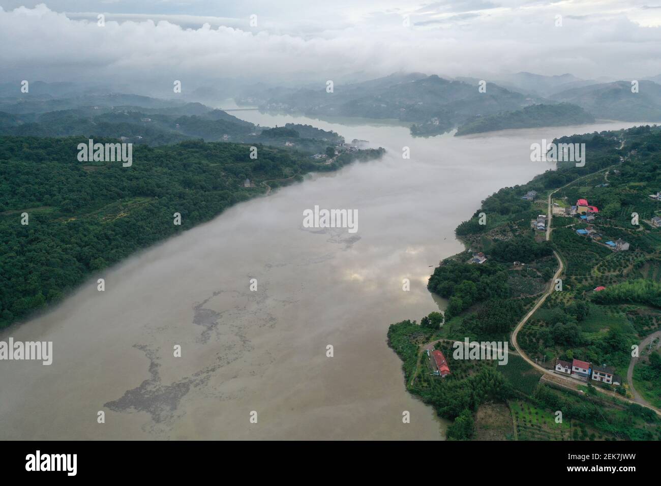 An aerial view of the confluence of Yangtze River and its branch Qing ...