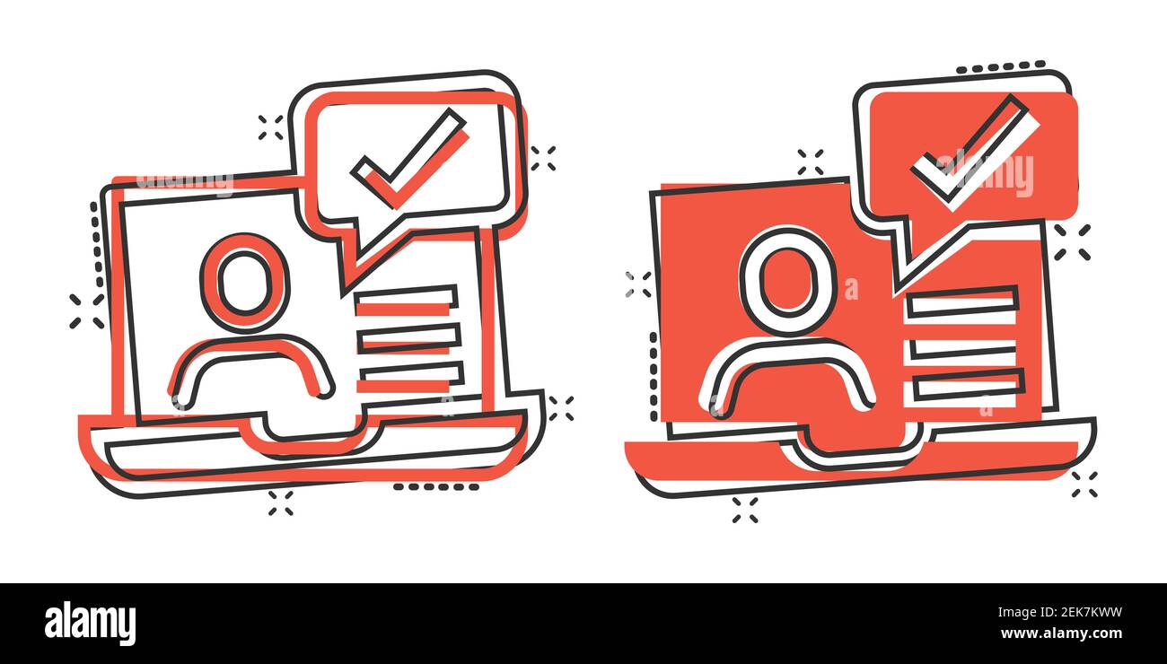 People with laptop computer icon in comic style. Pc user check mark ...