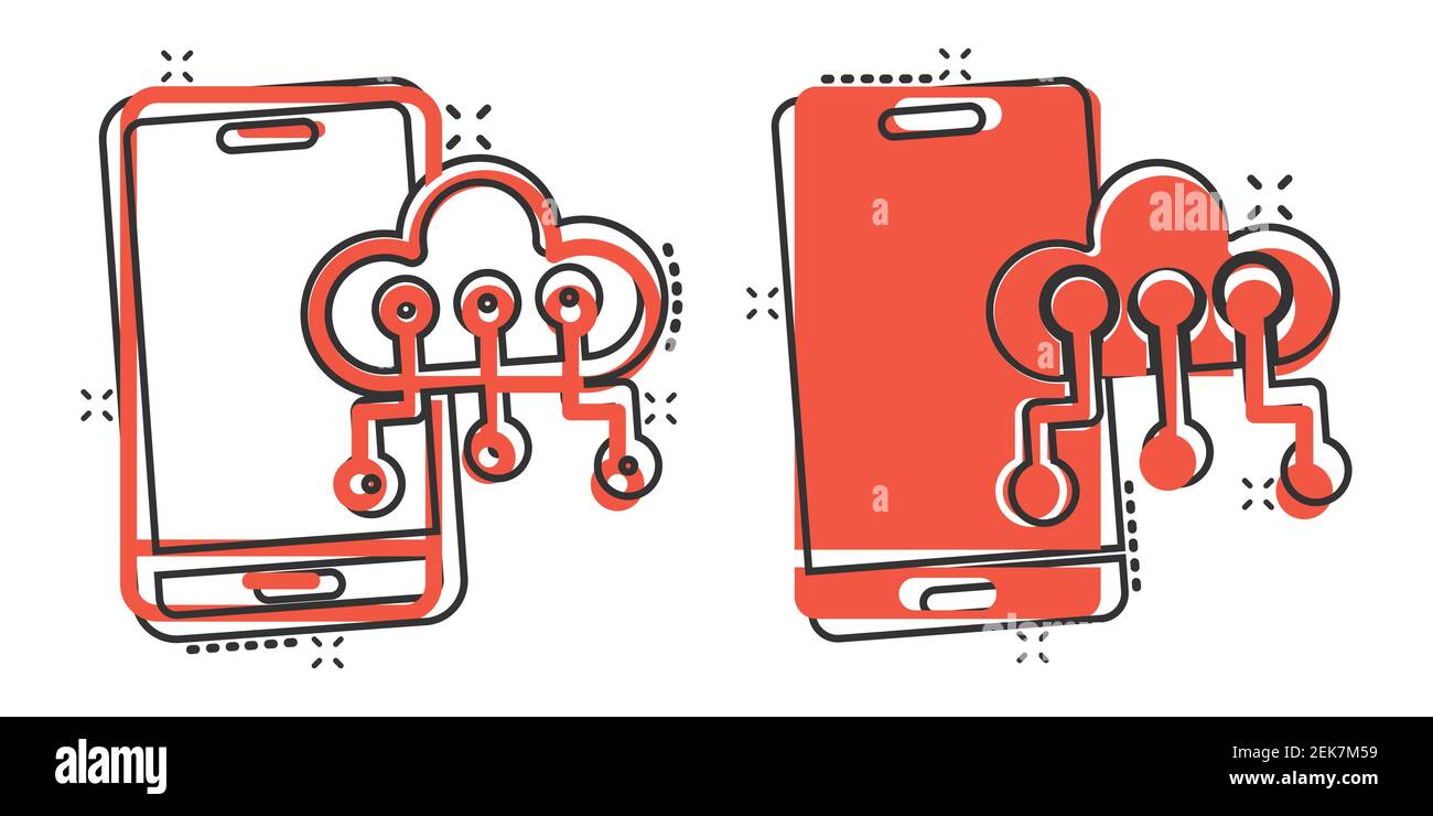 Smartphone with cloud icon in comic style. Phone network storage ...