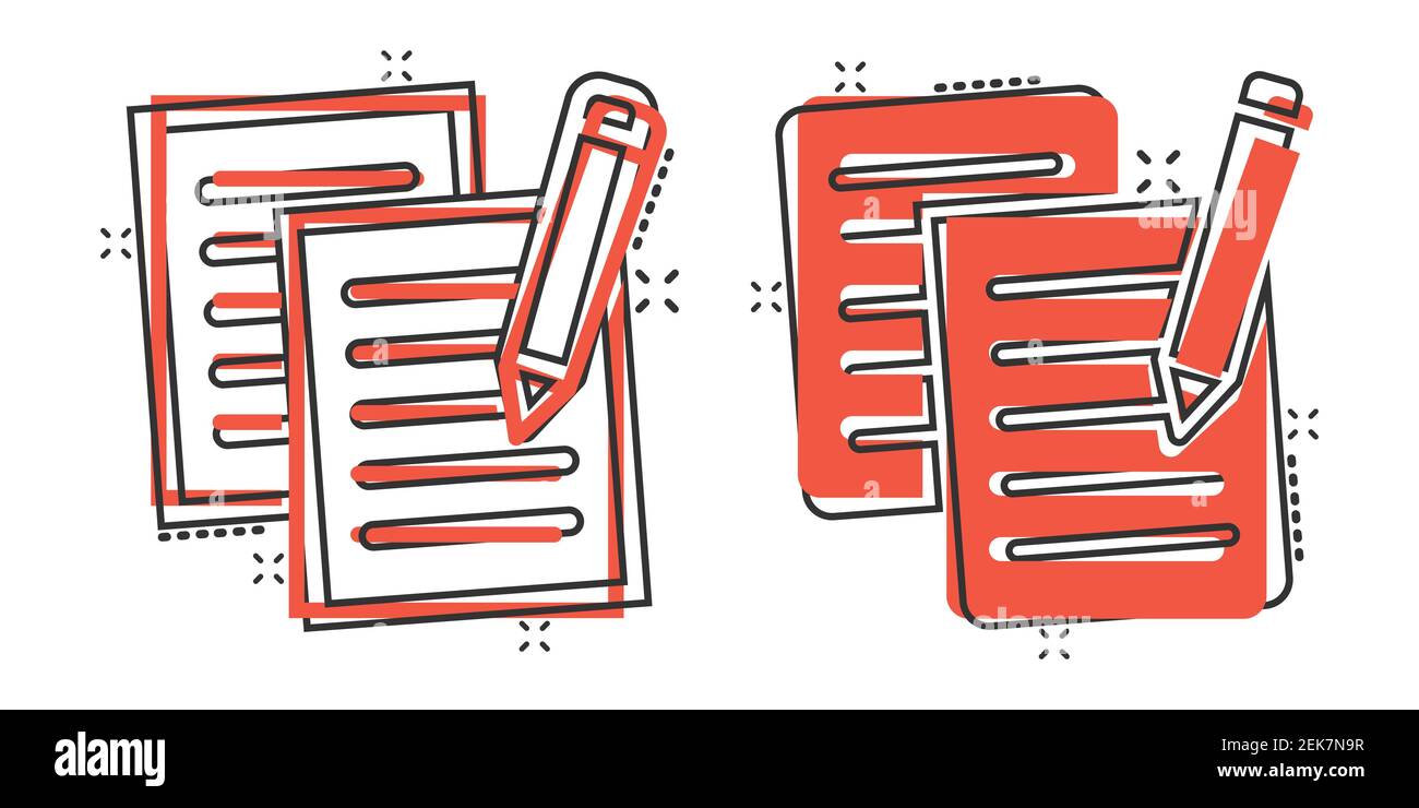 Document note with pen icon in comic style. Paper sheet pencil cartoon ...