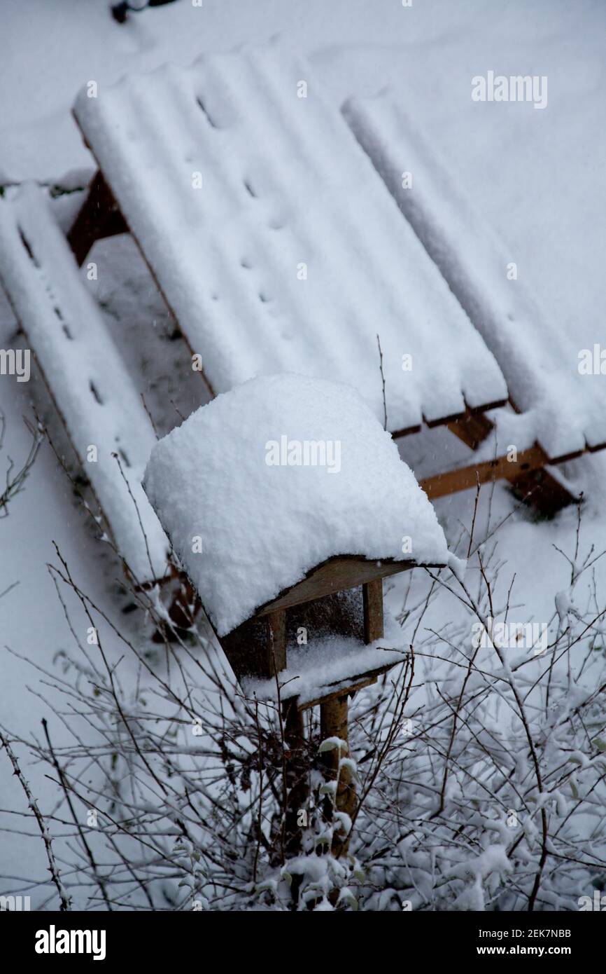 close-up of garden bench and bird table covered in thick fresh snow ...