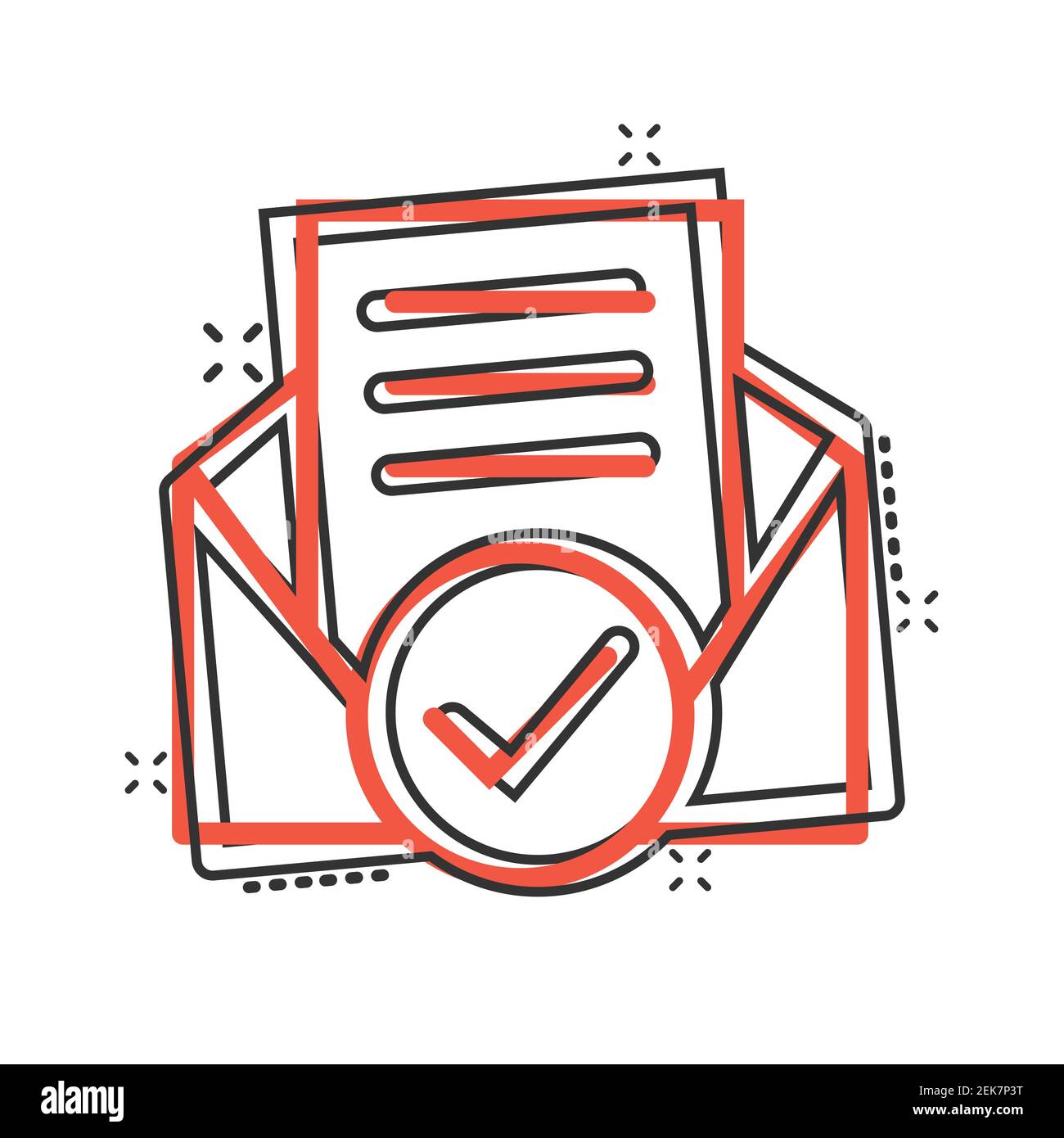 Envelope with confirmed document icon in comic style. Verify cartoon ...