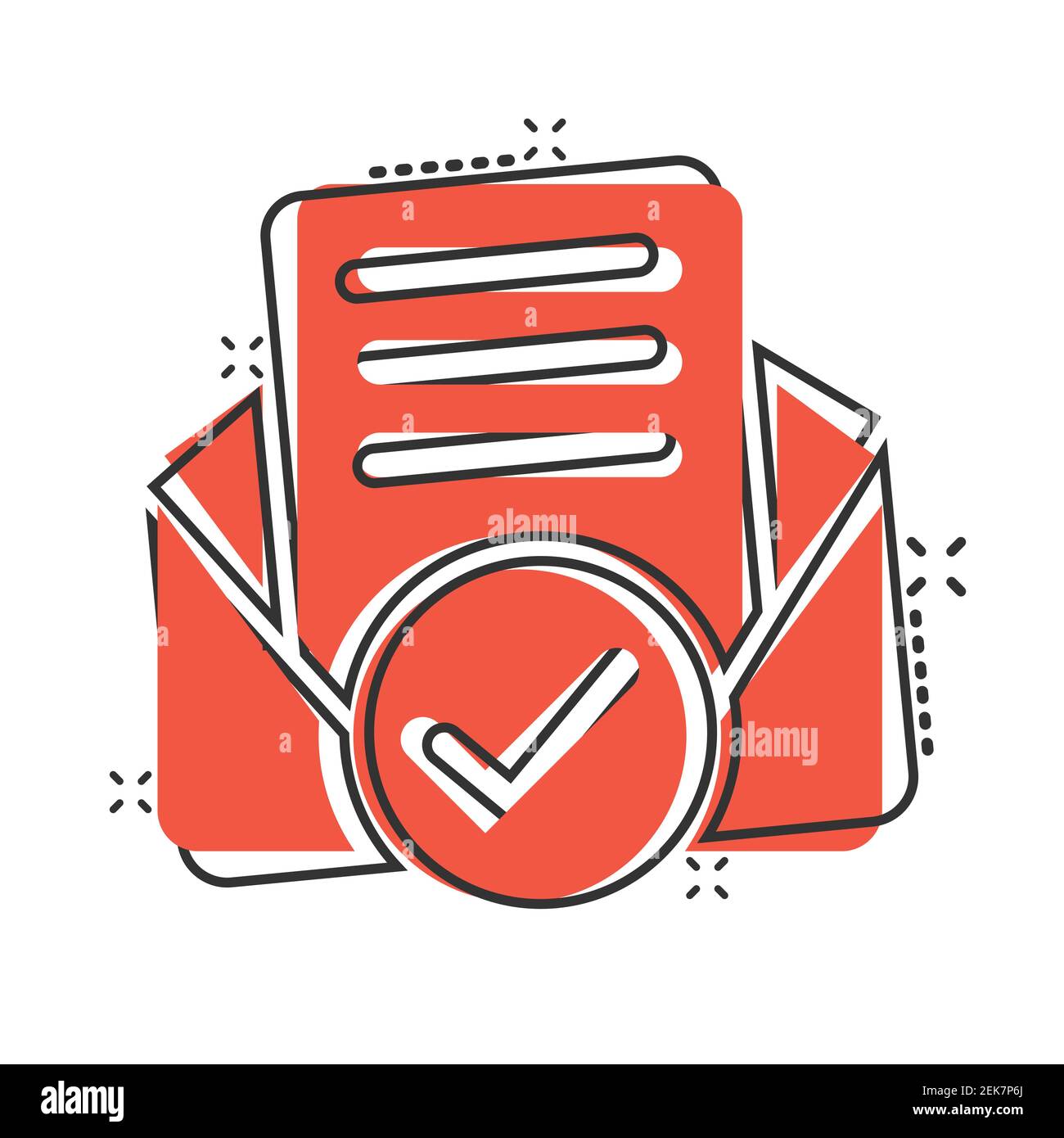 Envelope with confirmed document icon in comic style. Verify cartoon ...
