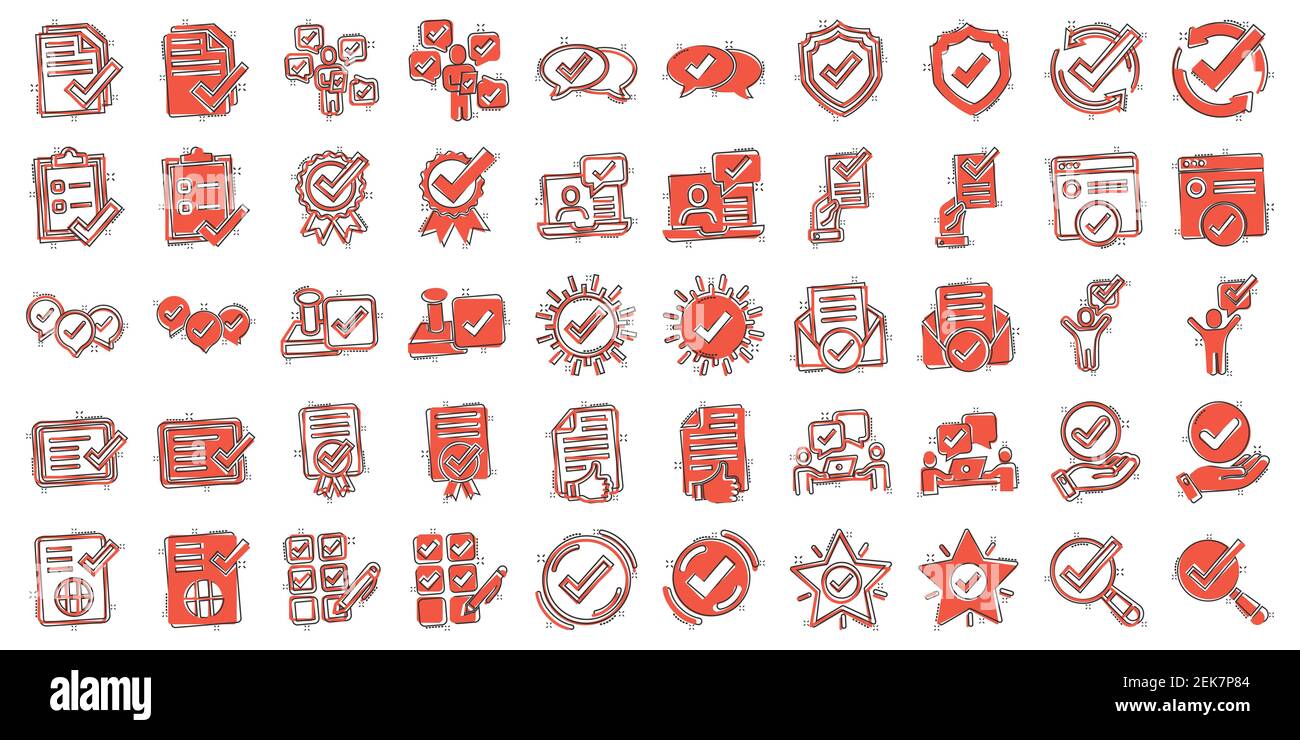 Approve icon set in comic style. Check mark cartoon vector illustration ...