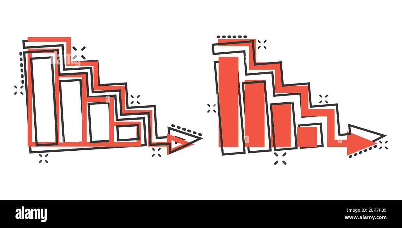 Market trend icon in comic style. Decline arrow with magnifier cartoon vector illustration on ...