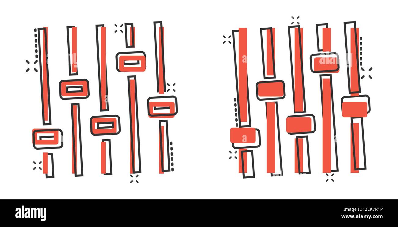 Control volume icon in comic style. Audio adjusting cartoon sign vector ...