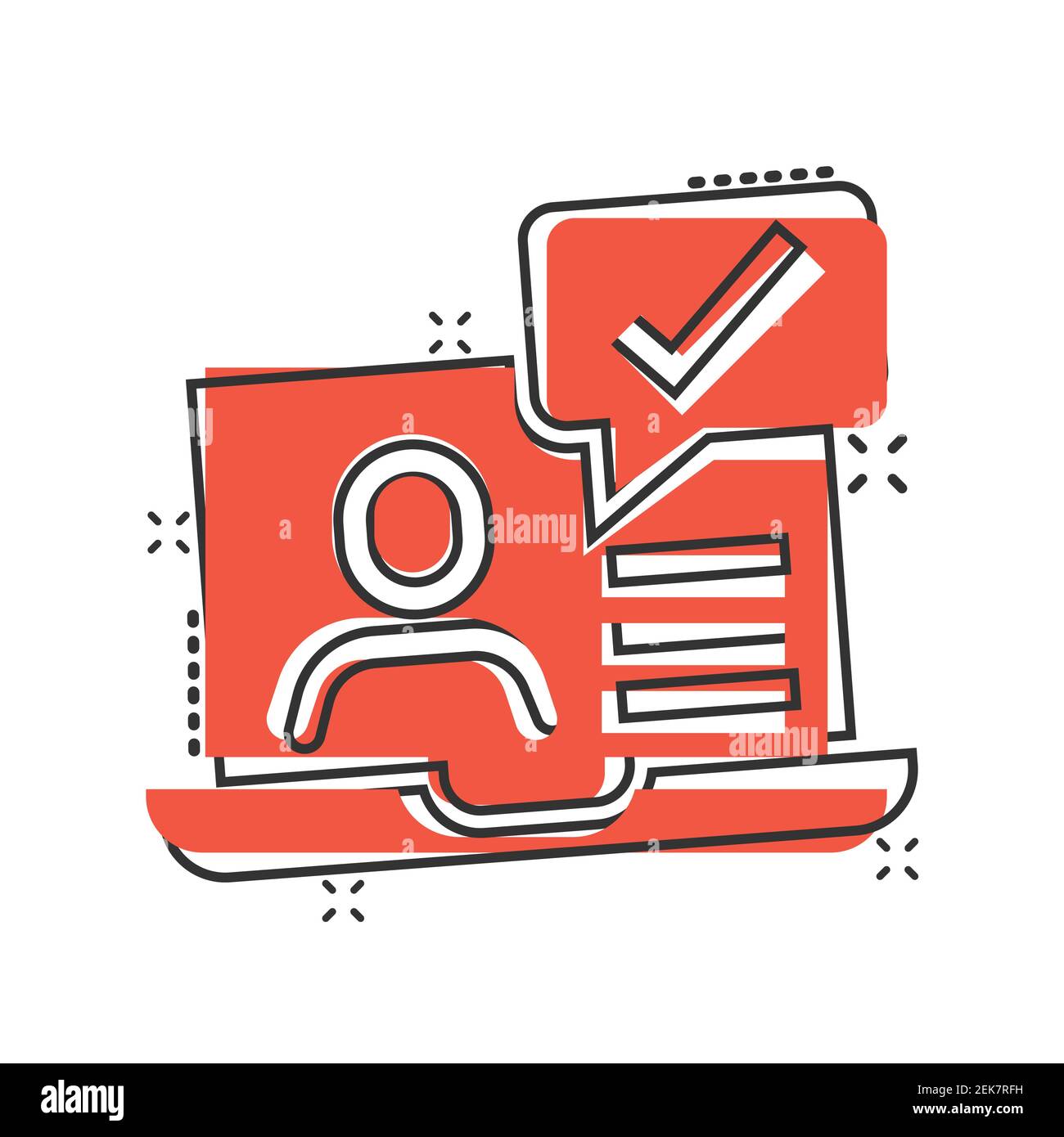 People with laptop computer icon in comic style. Pc user check mark ...