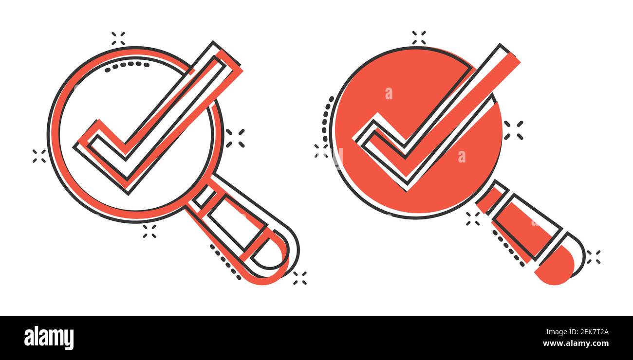 Check mark with magnifying glass icon in comic style. Loupe accept ...