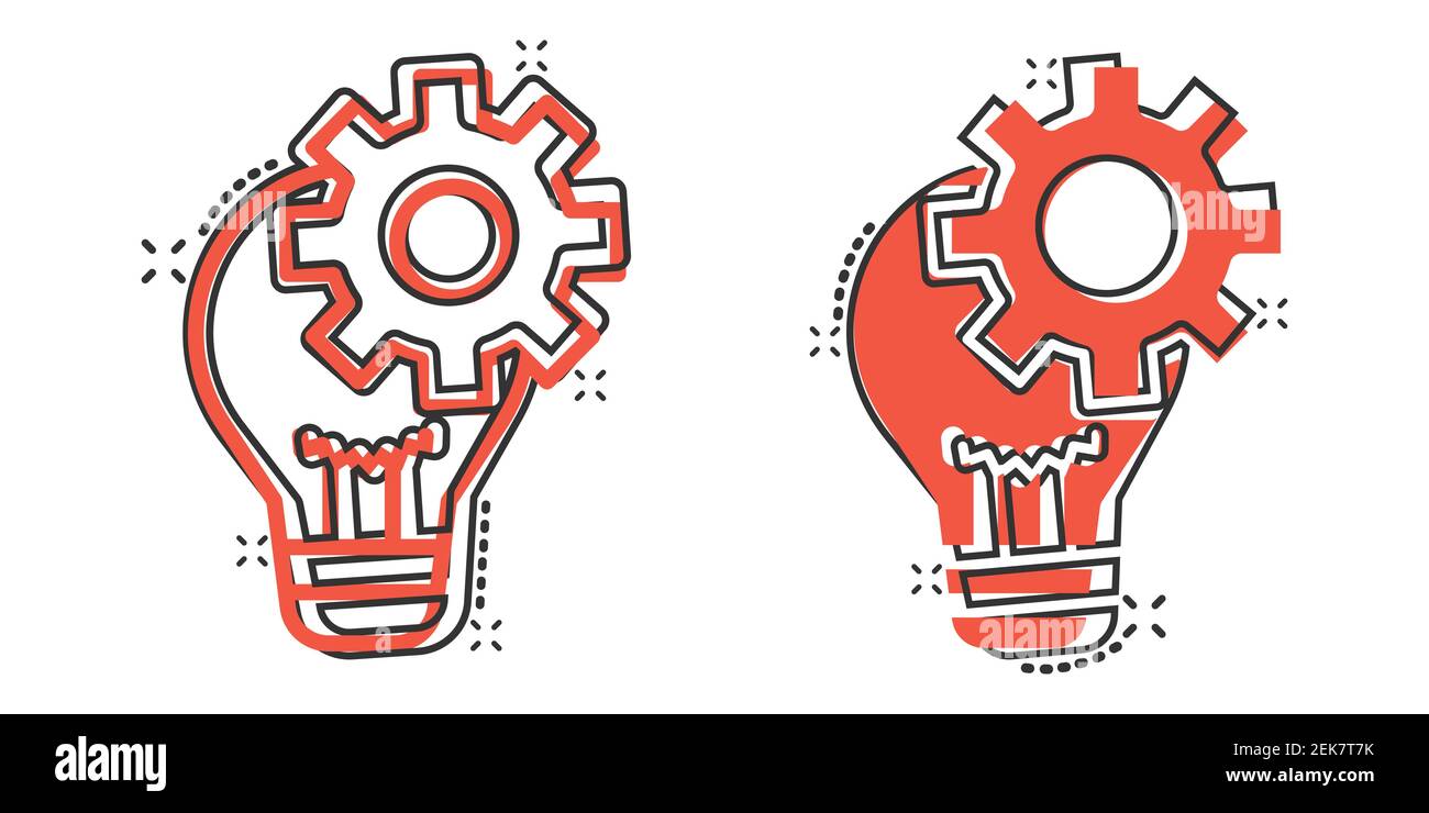 Innovation icon in comic style. Lightbulb with cogwheel cartoon vector ...