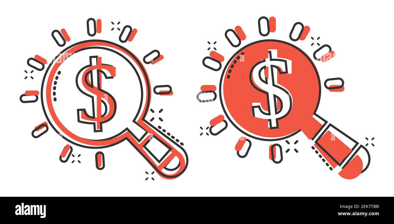 Magnifier glass with money icon in comic style. Dollar search cartoon ...