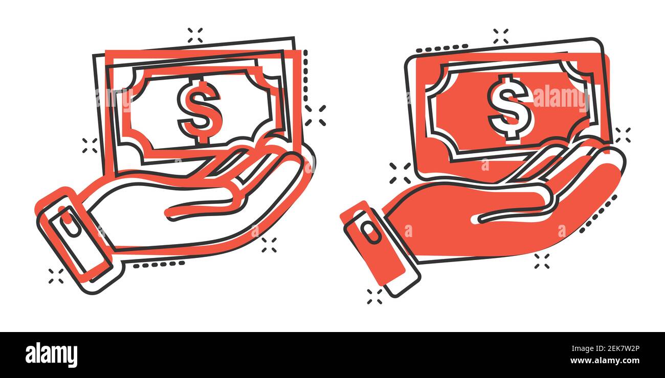 Remuneration icon in comic style. Money in hand cartoon vector ...