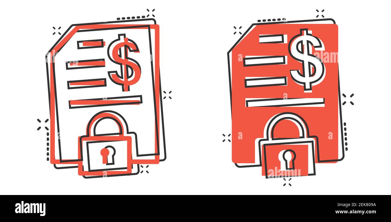 Financial statement icon in comic style. Document with lock cartoon ...
