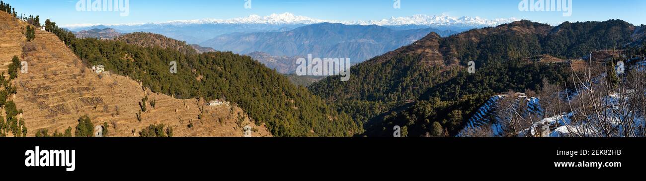 Himalaya, panoramic view of Indian Himalayas, great Himalayan range, Uttarakhand India, view ...
