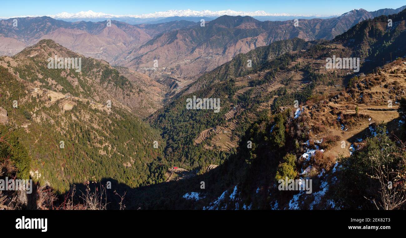 Himalaya, panoramic view of Indian Himalayas, great Himalayan range ...