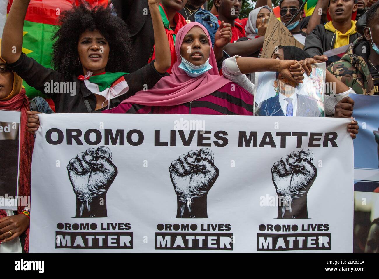 Protesters holding a banner saying, Oromo lives matter, during the ...