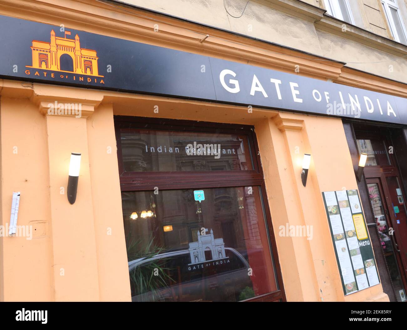 Cracow. Krakow.Poland. Gate of India restaurant logo on the facade of ...