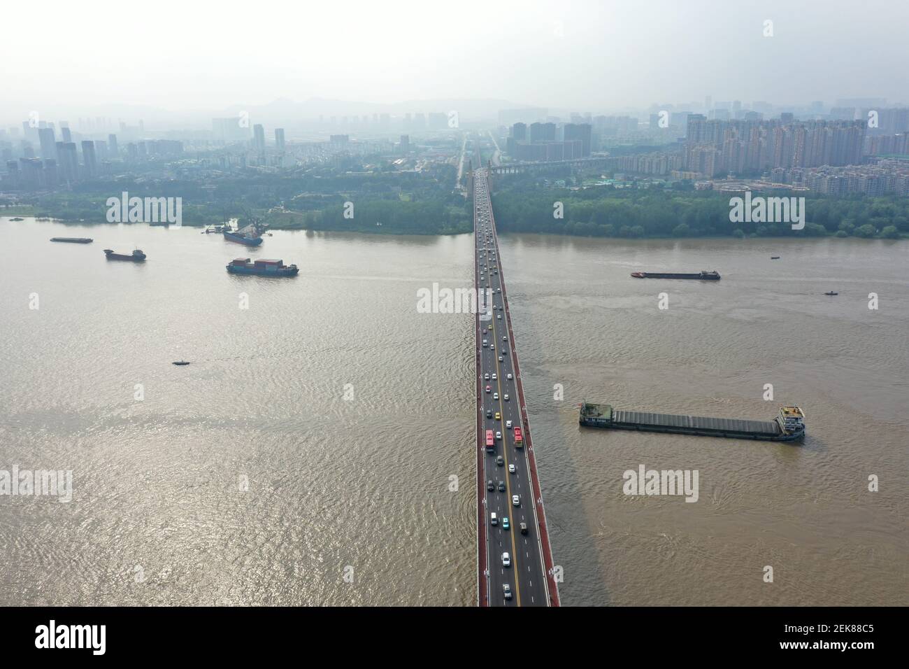 An aerial view of cars moving on the Nanjing Yangtze River Bridge, a ...