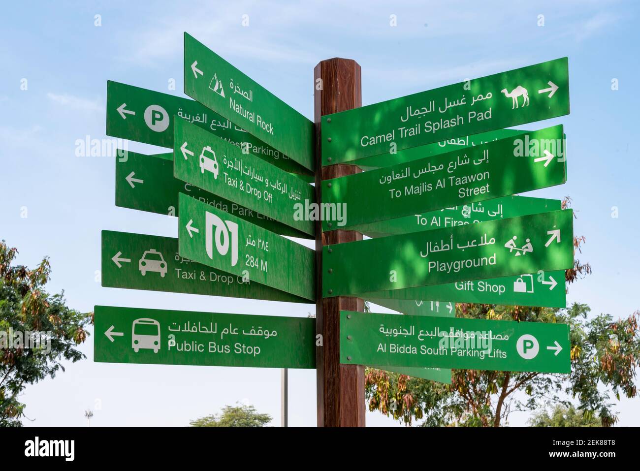 Doha, Qatar - February 09, 2021: Al Bidda Park, directional road signs ...