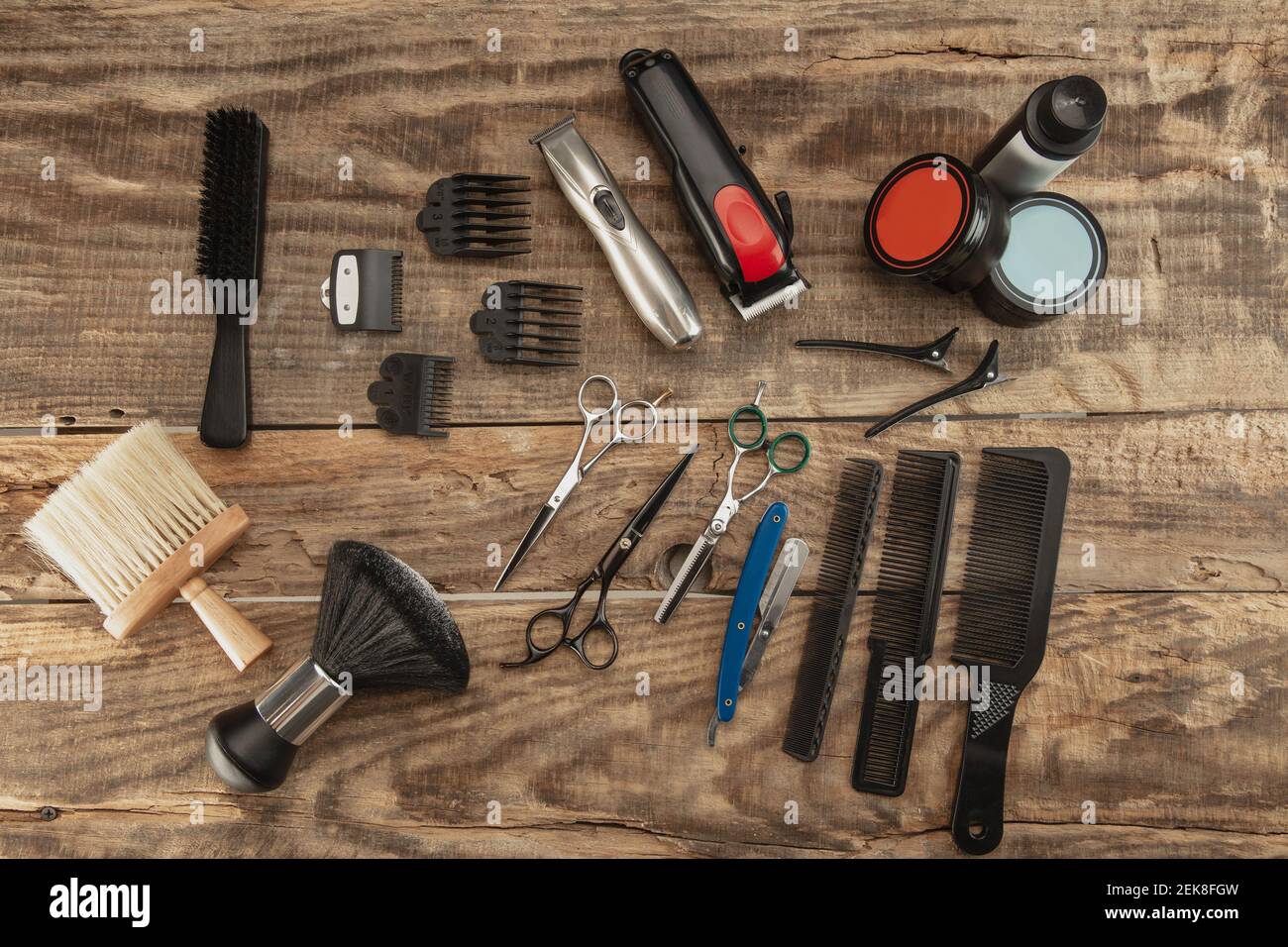 Barber shop equipment set isolated on wooden table background. Close up ...