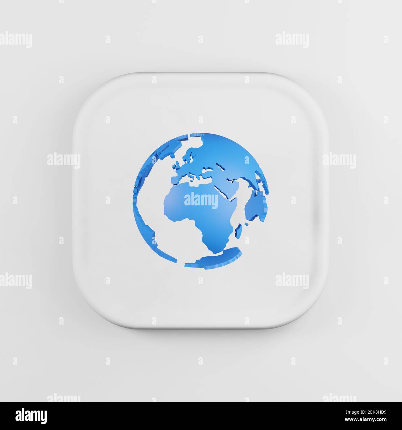 Globe icon with continents cartoon style. 3d rendering white square key button, interface ui ux ...