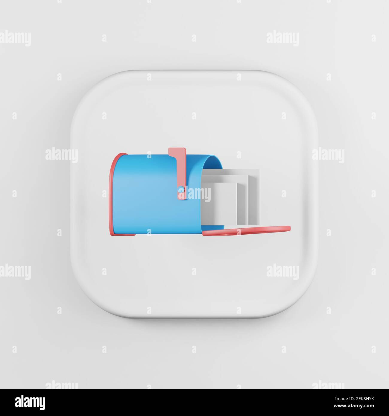 Blue mailbox icon with letters cartoon style. 3d rendering white square key button, interface ui ...