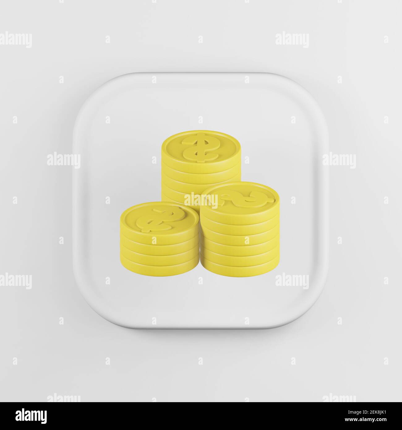 Yellow folded coins icon in cartoon style. 3d rendering white square button key, interface ui ux ...