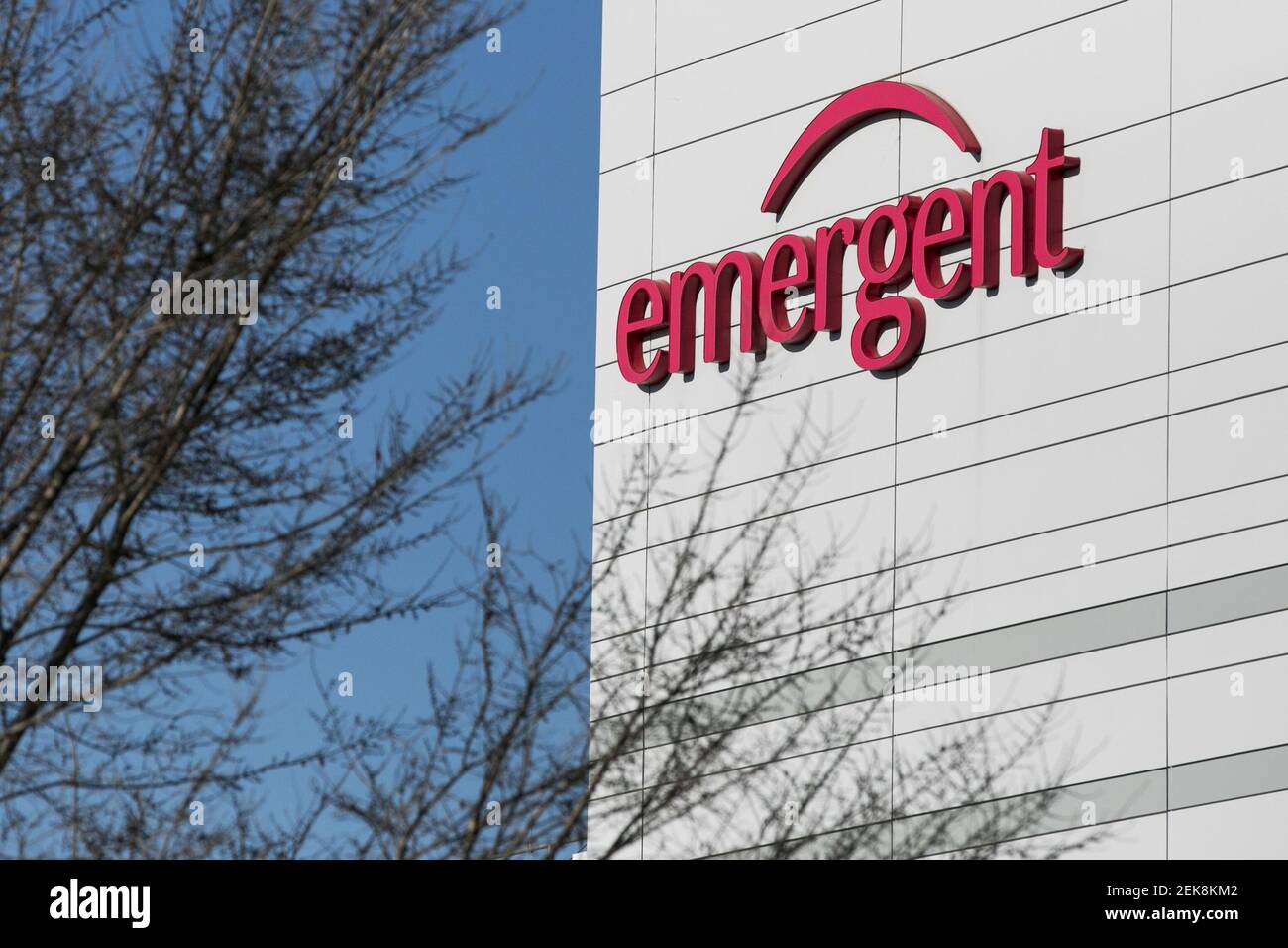 A logo sign outside of a facility occupied by Emergent BioSolutions in ...