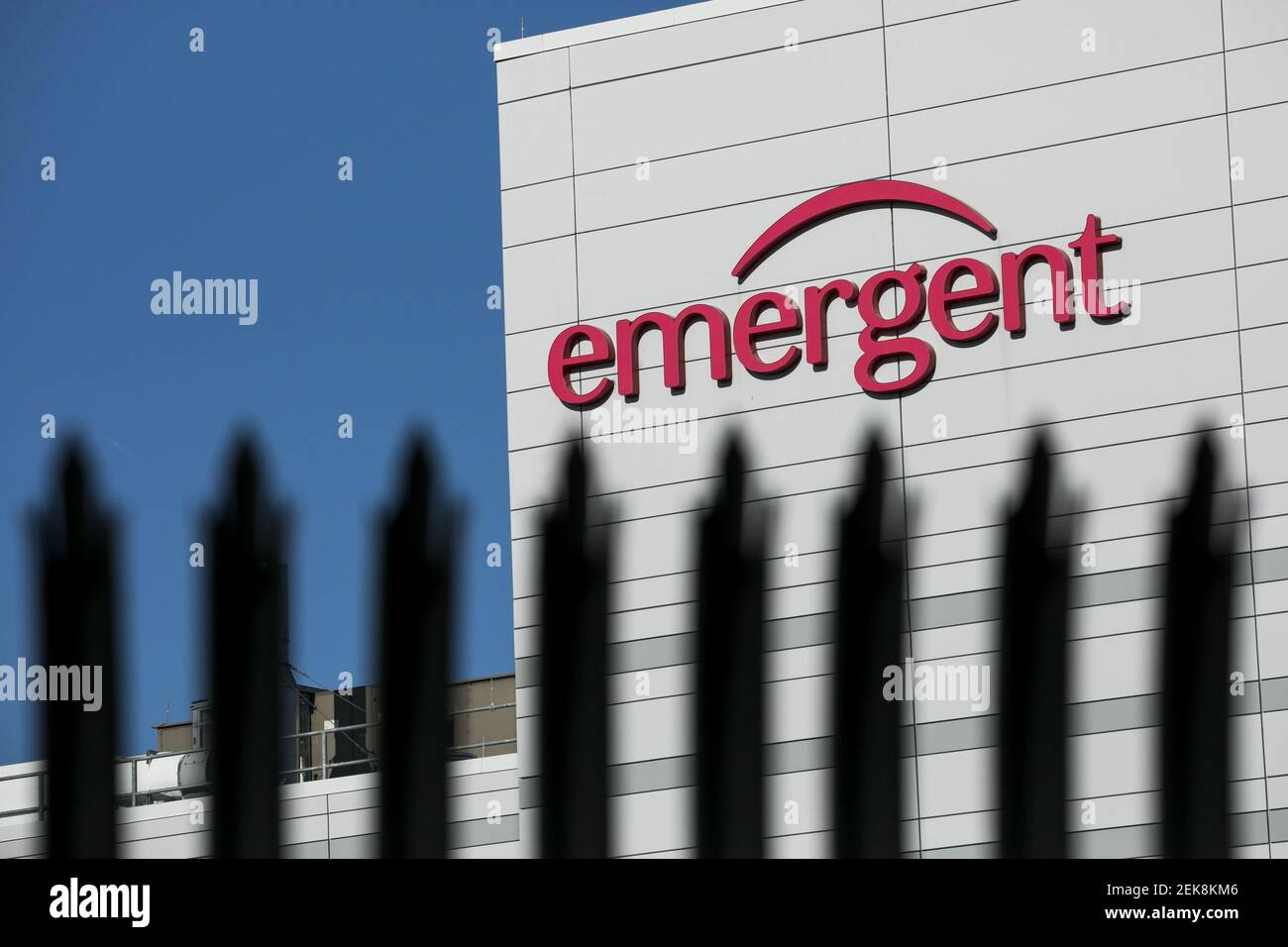 A logo sign outside of a facility occupied by Emergent BioSolutions in ...