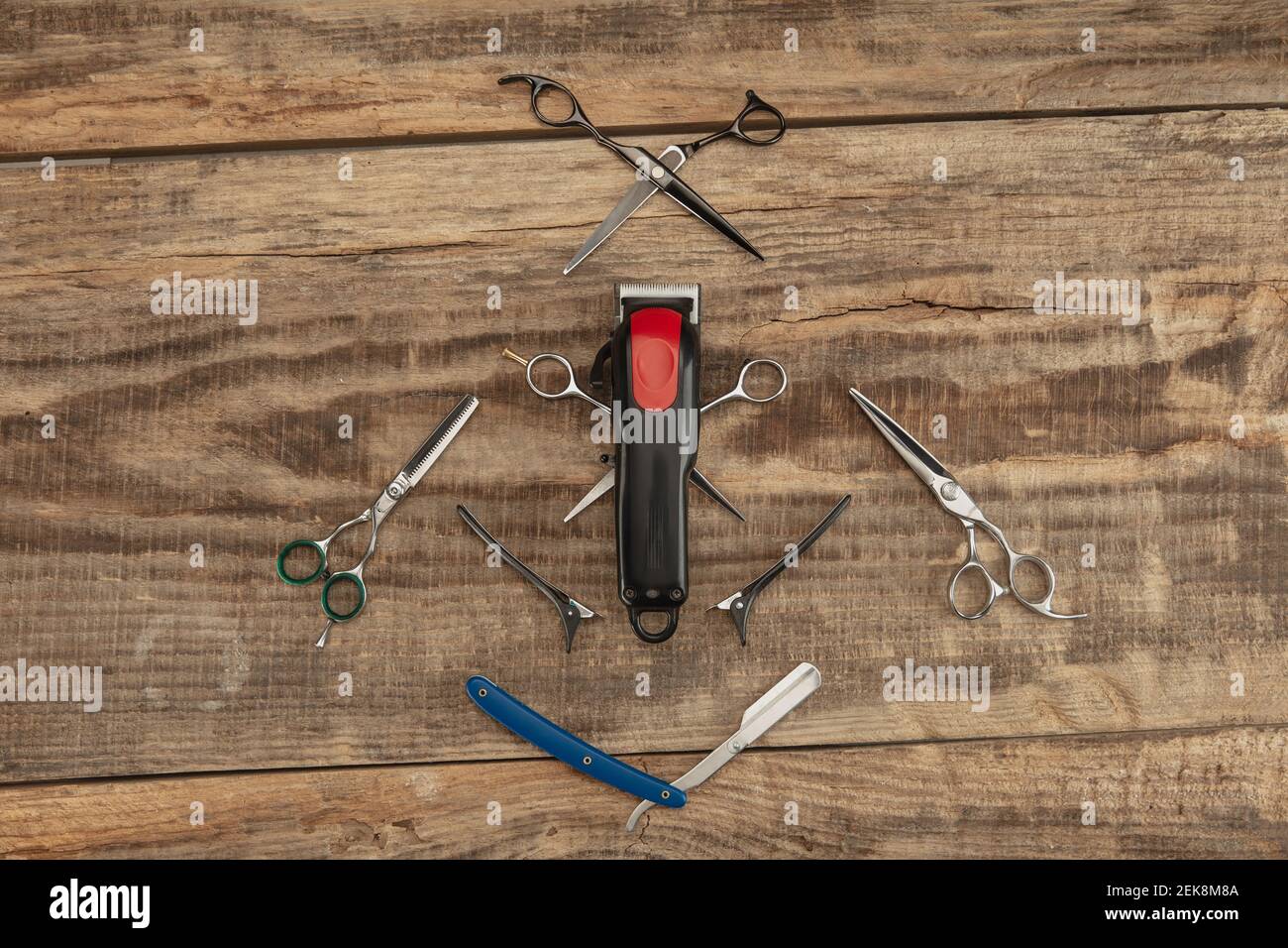 Barber shop equipment set isolated on wooden table background. Close up ...