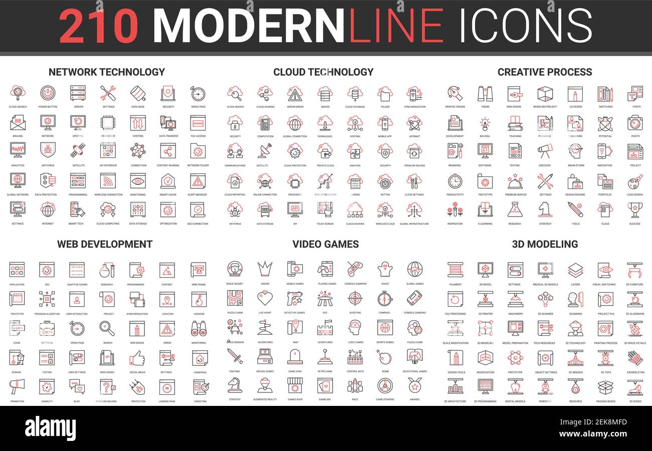 210 modern red black thin line icons set of web development, video games, 3d modeling, network ...
