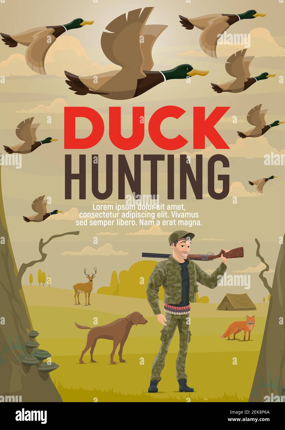 Duck hunting sport vector design of hunter with gun, dog, wild animals ...