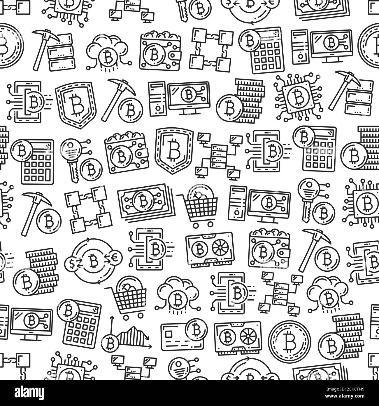 Cryptocurrency mining vector seamless pattern background with bitcoin, crypto money coins and ...