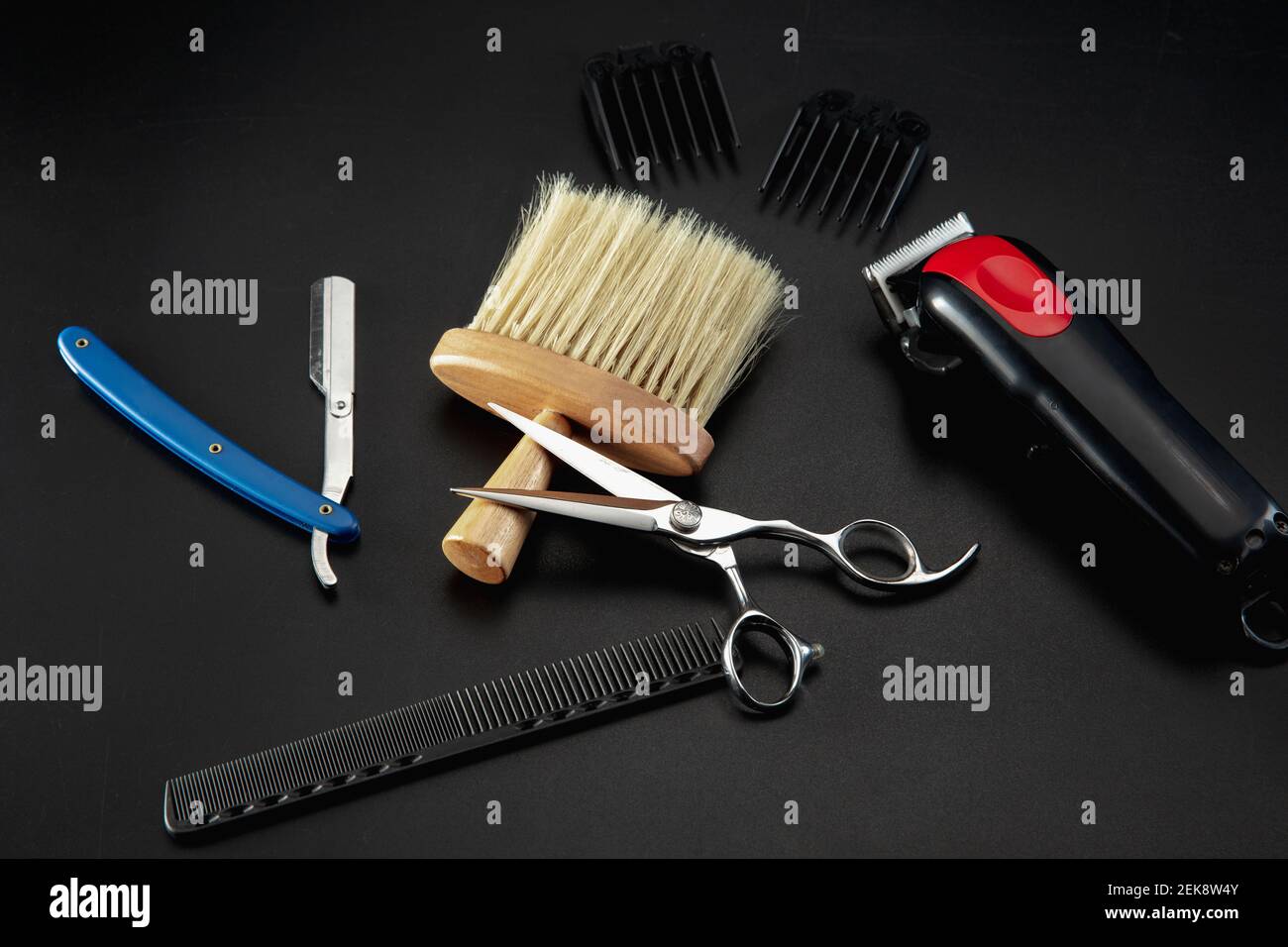 Barber shop equipment set isolated on black table background. Close up ...
