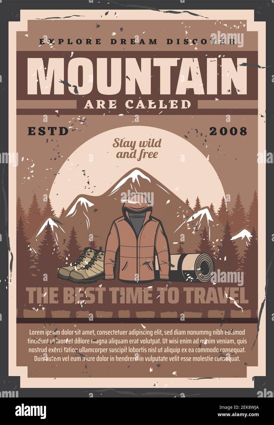 Mountain outdoor adventure, forest camp, travel expedition and trekking ...