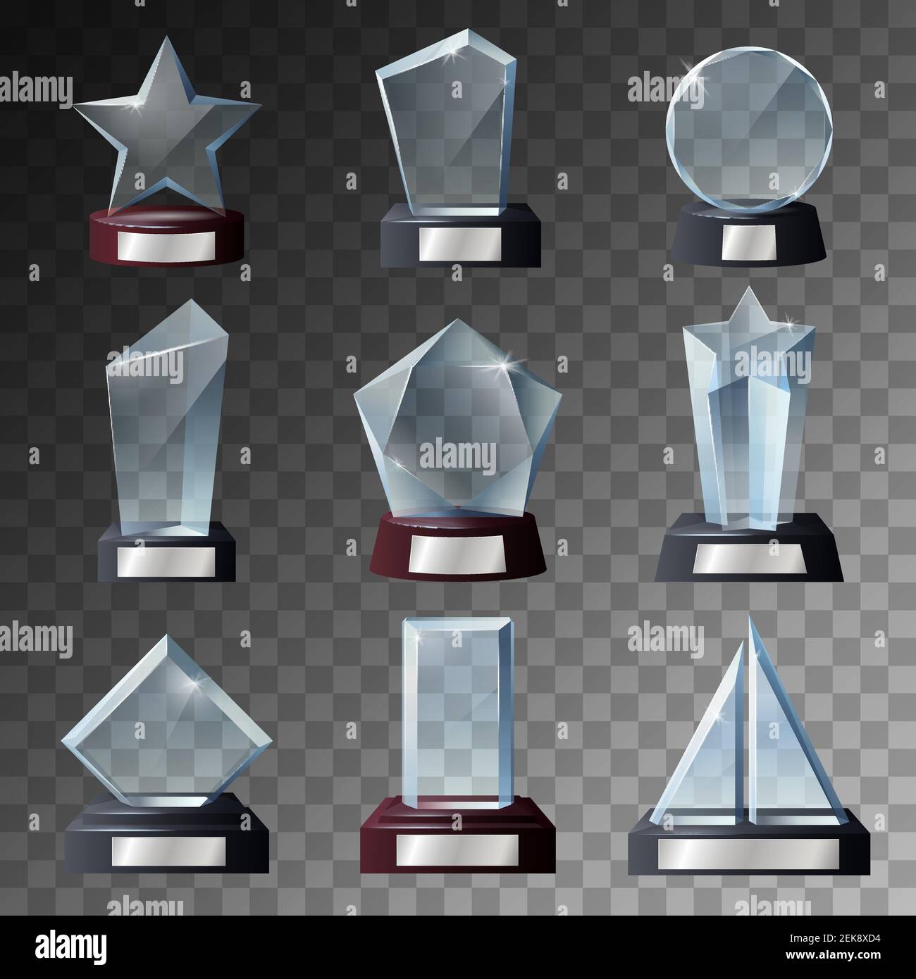 Glass trophy, award and prize 3d vector templates with dark bases ...