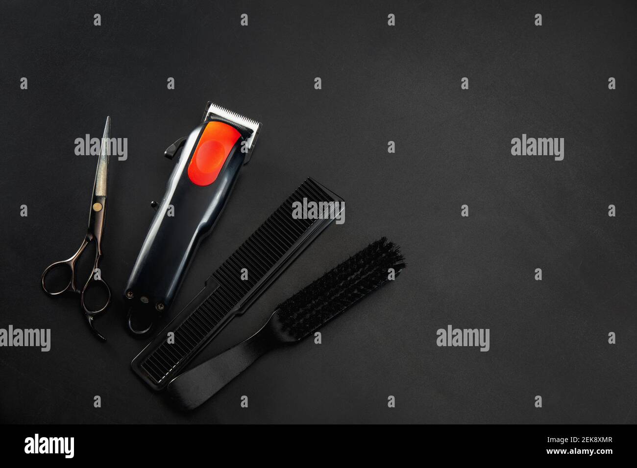 Barber shop equipment set isolated on black table background. Close up ...