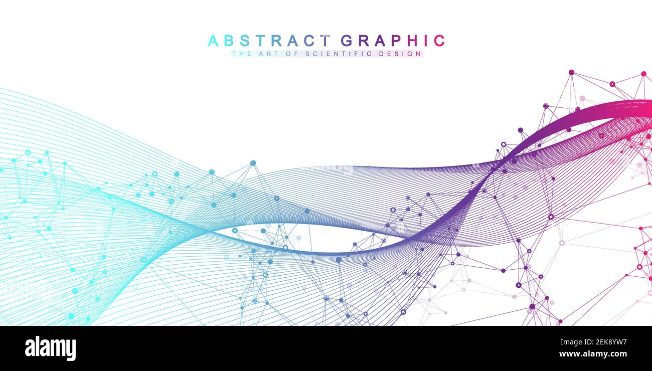 Digits abstract background with connected line and dots, wave flow. Digital neural networks ...