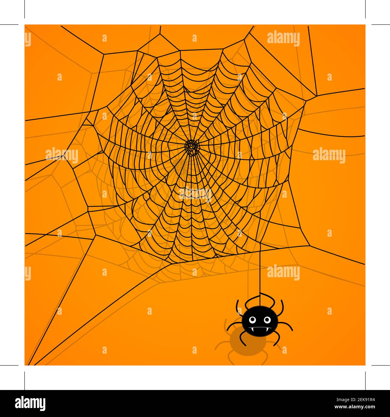 Vector spider web and small spider on orange background. Cartoon ...