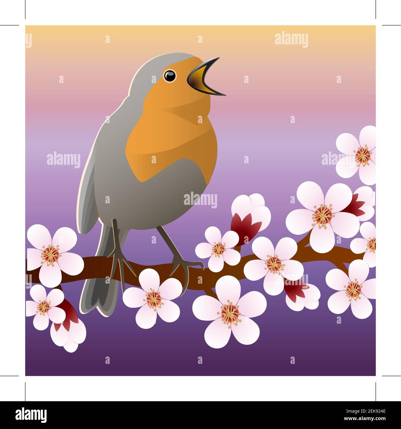 Spring bird sitting on flowering branch. Vector illustrations Stock ...