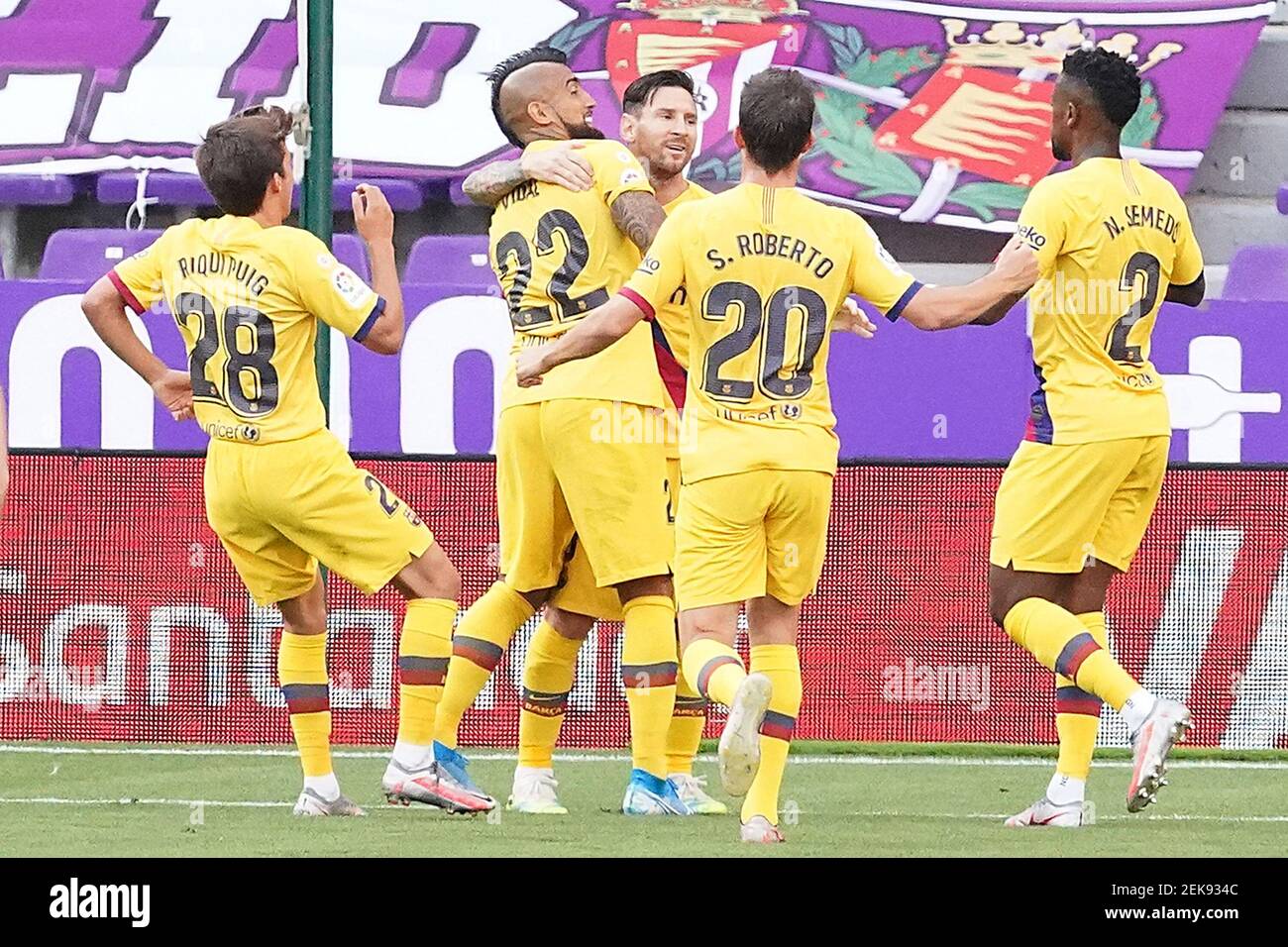 FC Barcelona's Riqui Puig, Arturo Vidal, Leo Messi, Sergi Roberto and Nelson Semedo celebrate ...