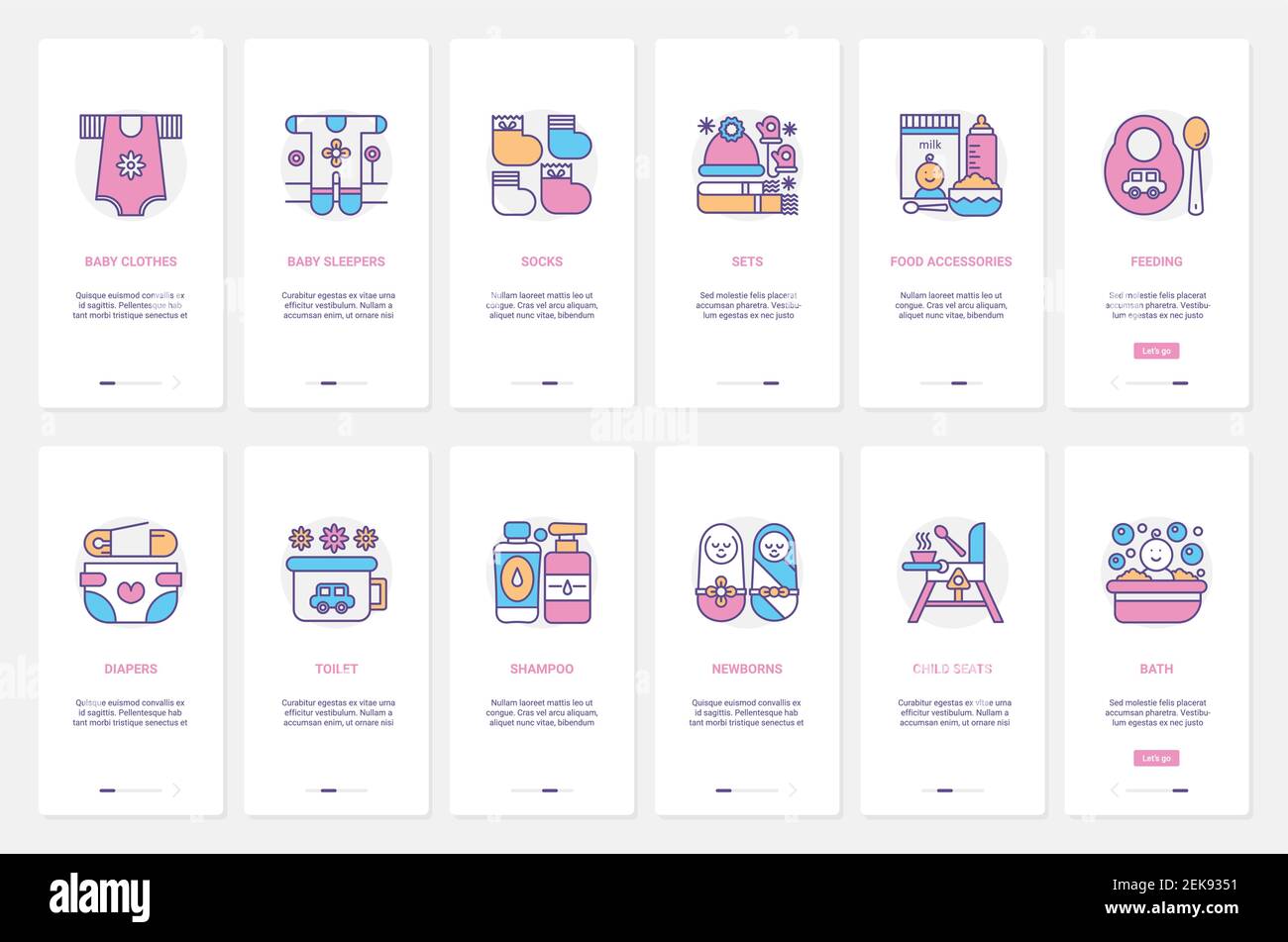 Newborn toddler care items vector illustration. UX, UI onboarding ...