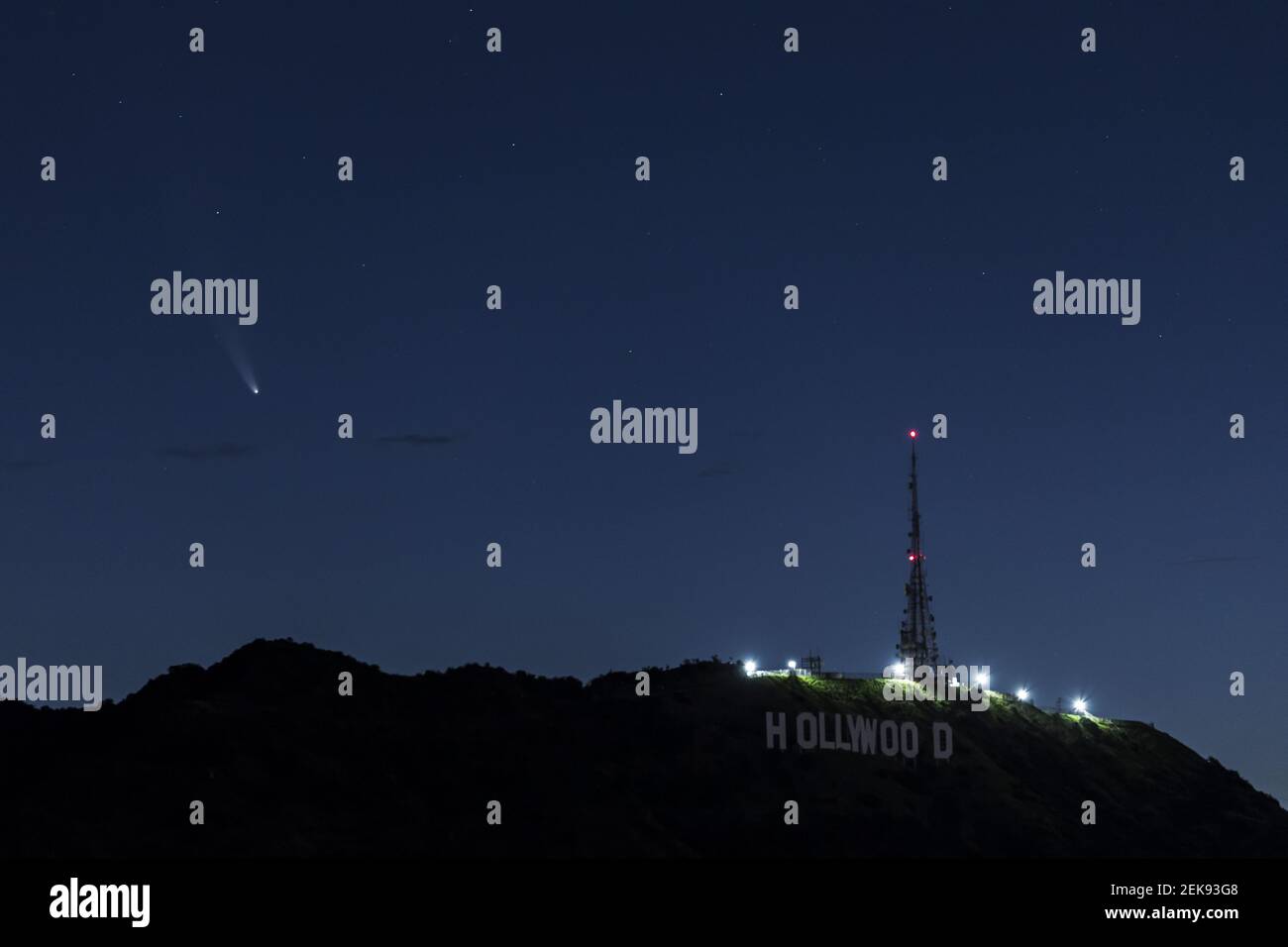 Comet Neowise in the early morning sky above the Hollywood sign. The ...